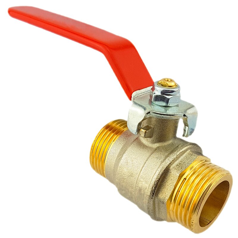 Kugelhahn aus Messing mit Hebelgriff (flach) rot AG x AG 3/4 Zoll